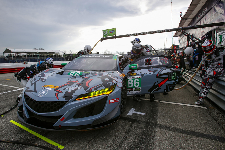 Katherine Legge exits the #86 MSR Acura NSX GT3 during a scheduled pit ...