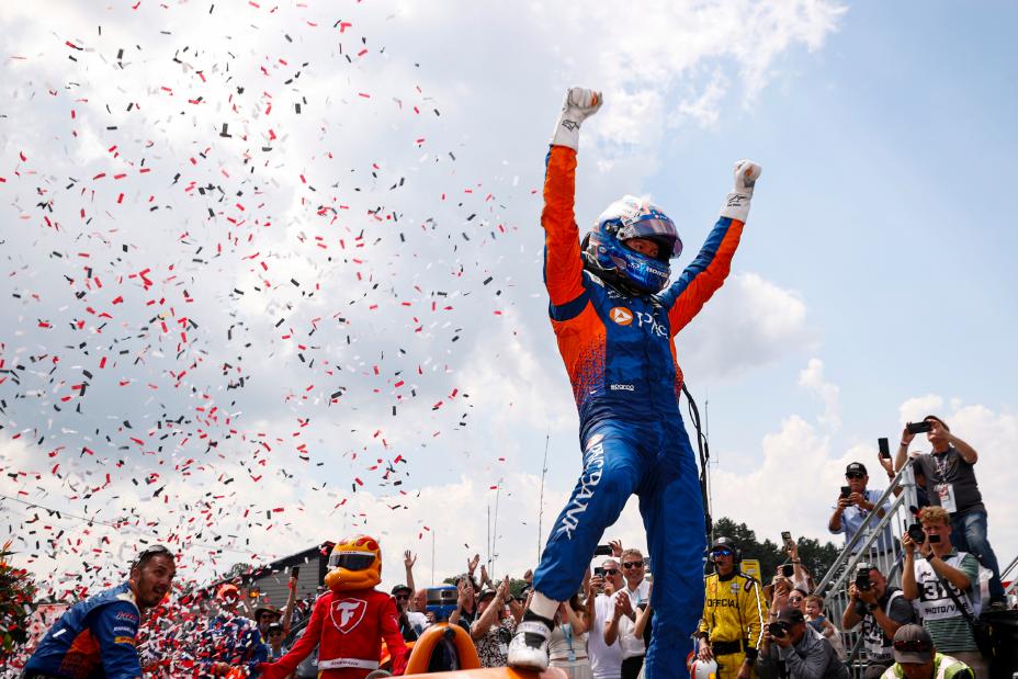 Scott Dixon celebrates his win at the 2025 Honda Indy 200